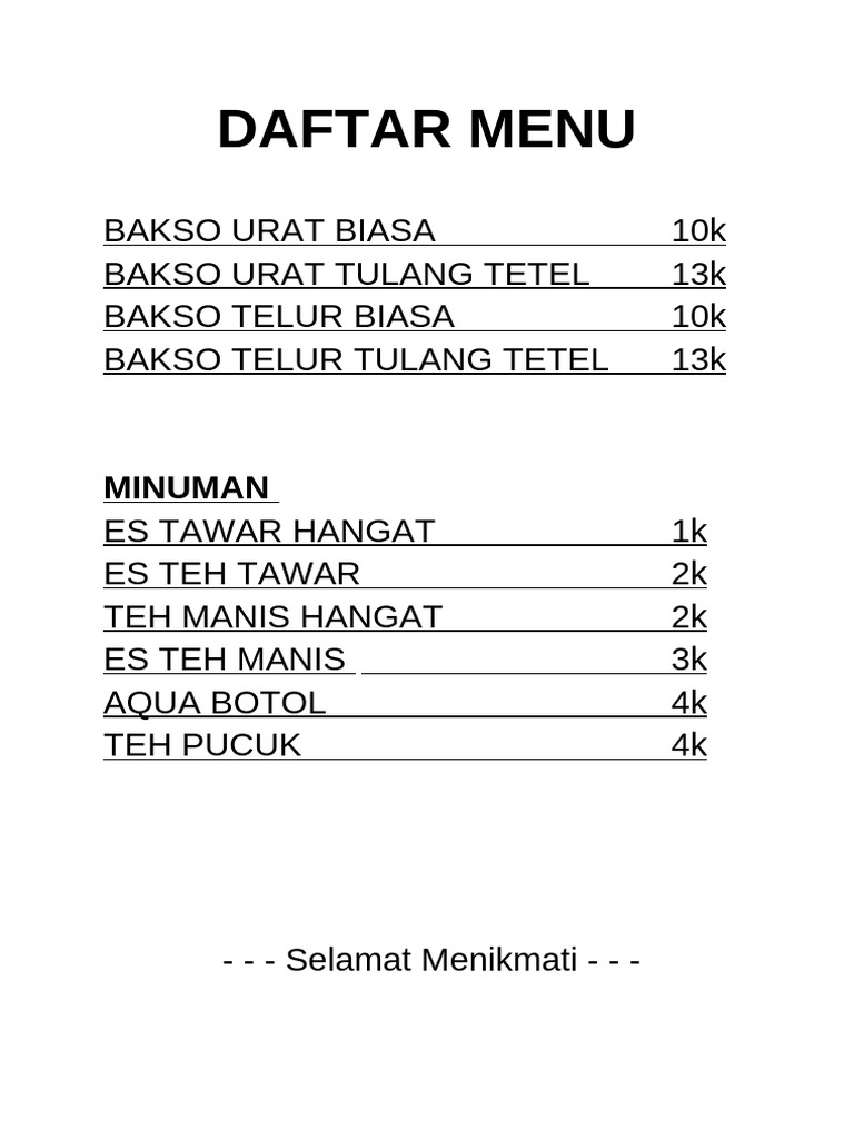 Daftar Menu Bakso | PDF