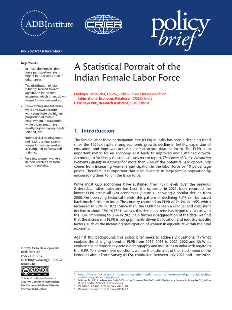 Adbi Statistical Portrait Indian Female Labor Force 0 | PDF | Workforce ...