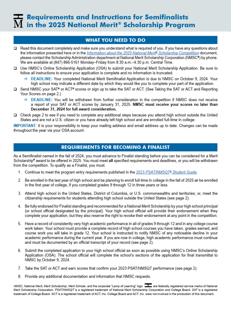 Requirements and Instructions For Semifinalists in The National Merit ...
