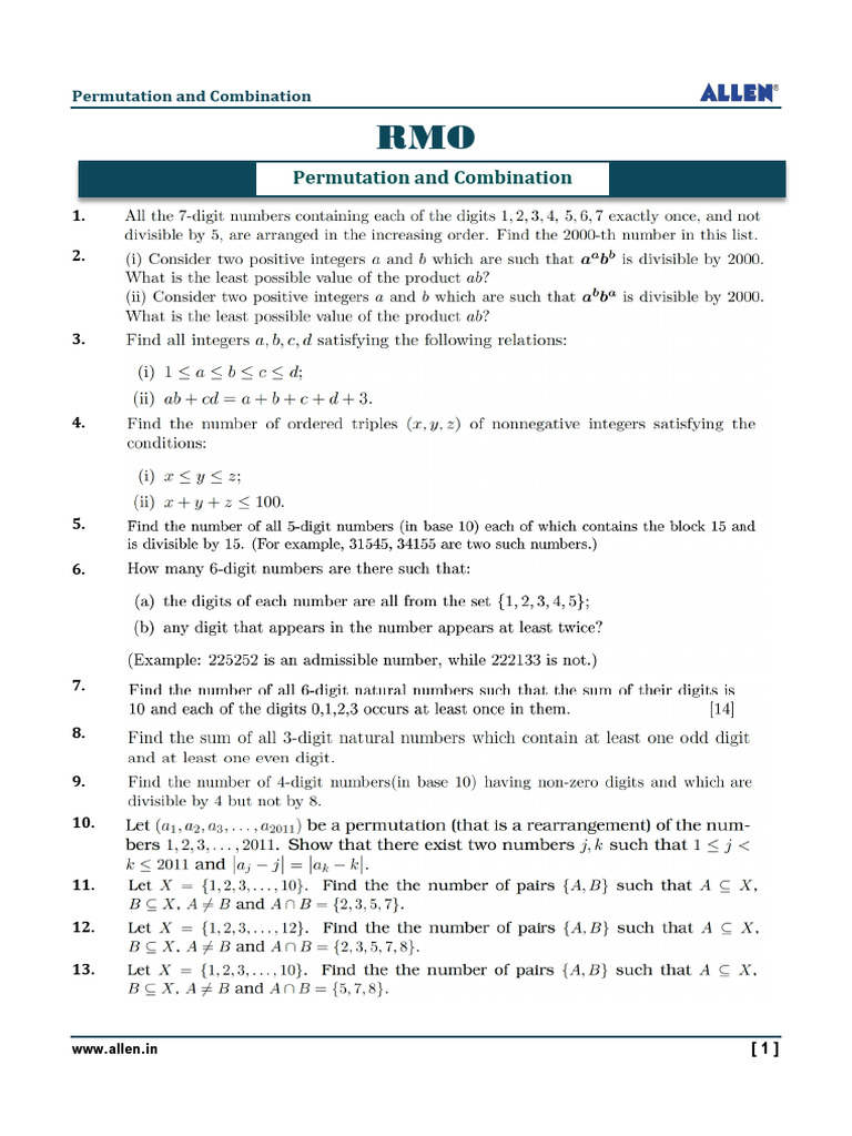 RMO - Permutation and Combination - Question | PDF