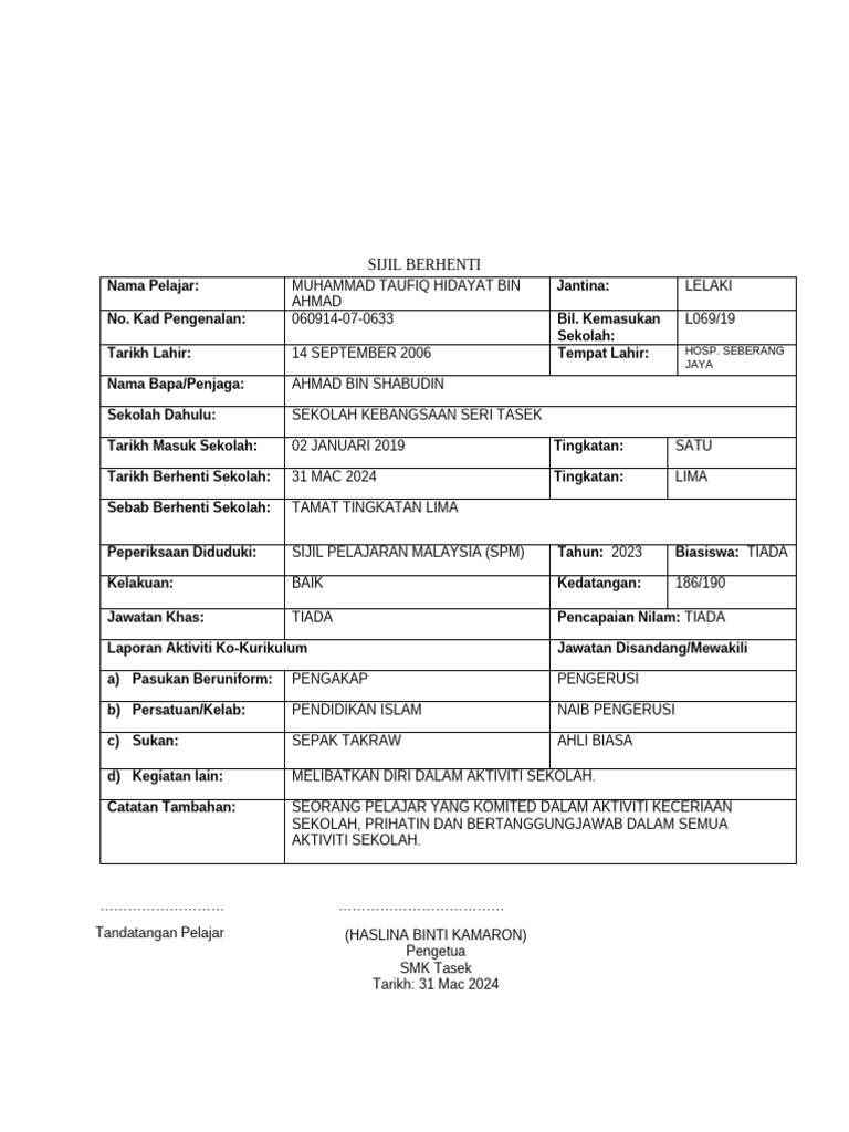 Template SIJIL BERHENTI SPM 2023 - TAUFIQ | PDF