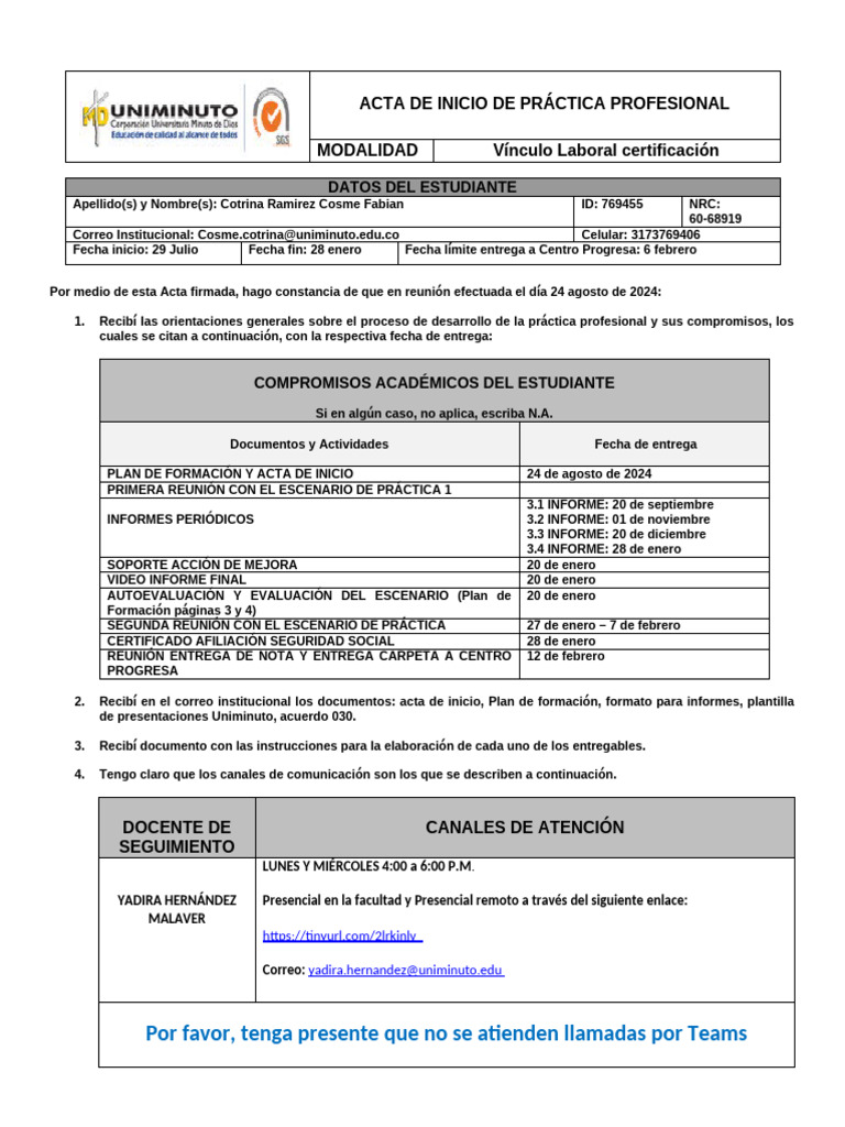 Acta de Inicio Cosme Fabian Cotrina Ramirez | PDF