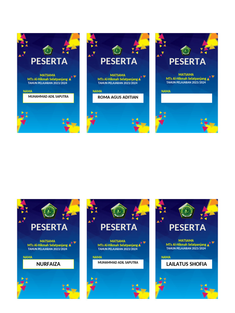 Name Tag Peserta MATSAMA MTs Al-Hikmah | PDF