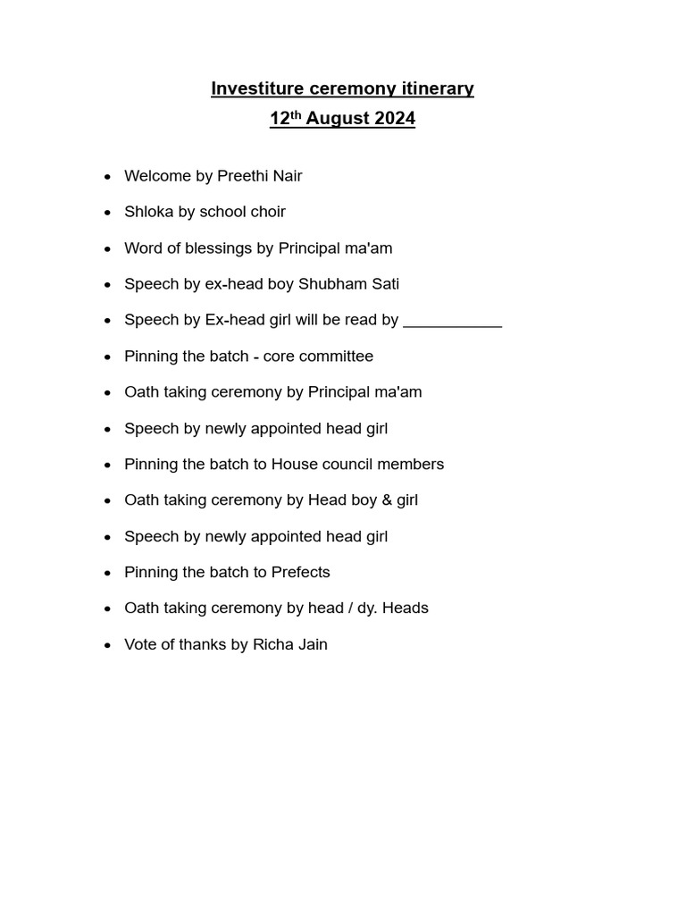Investiture Ceremony Itinerary | PDF | Religion & Spirituality