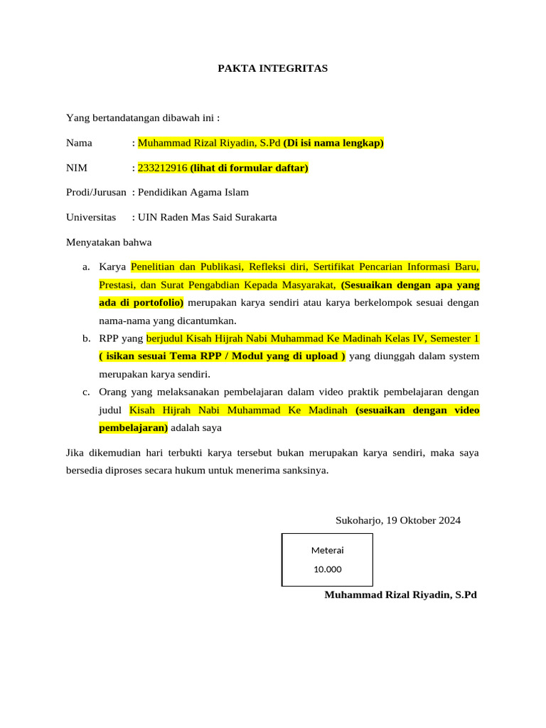 Contoh Pakta Integritas Mahasiswa | PDF
