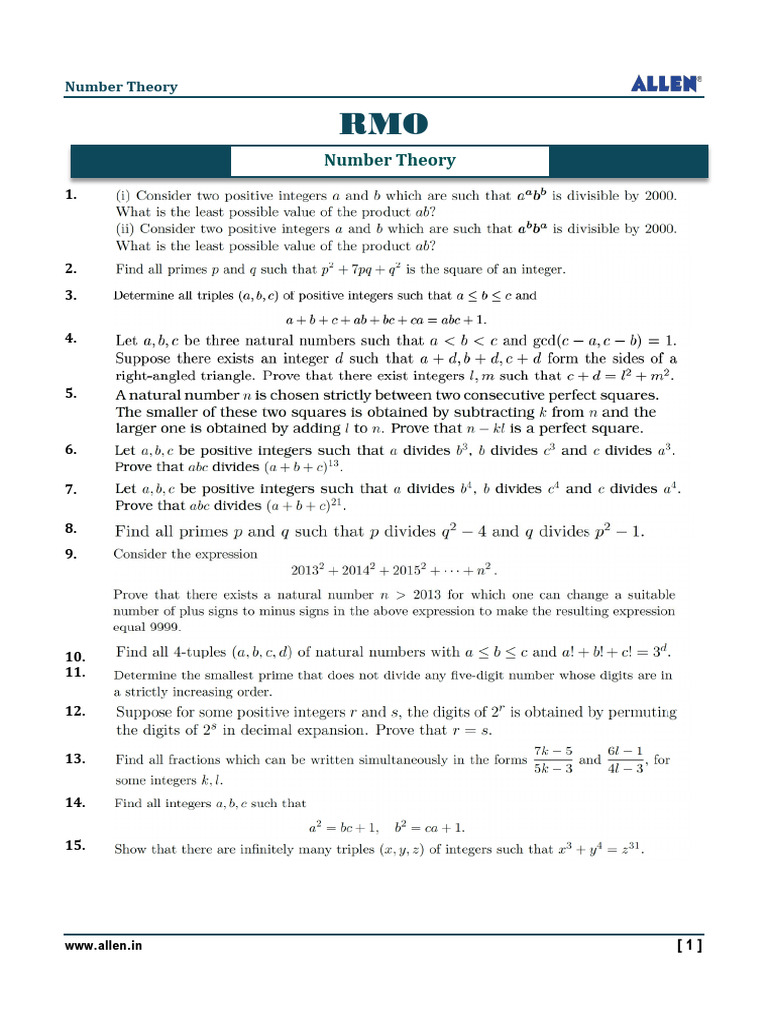 RMO - Number Theory - Question | PDF | Technology & Engineering