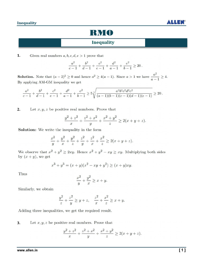 RMO - Inequality - With Solution | PDF
