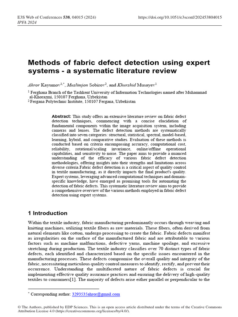 Methods Of Fabric Defect Detection Using Expert Systems A Systematic