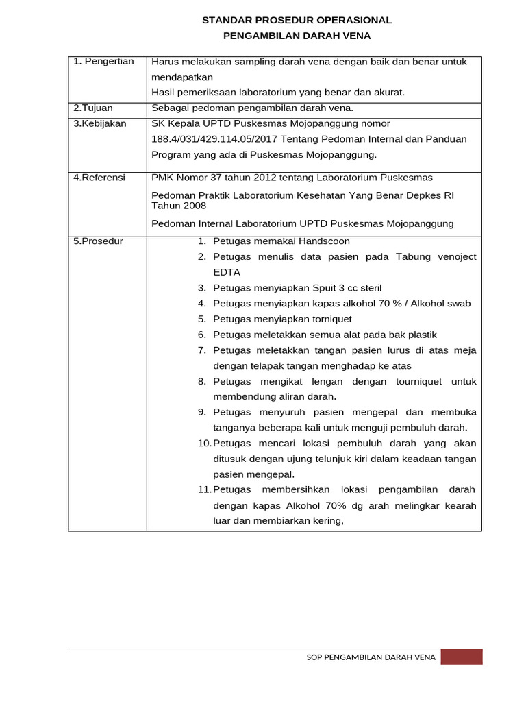 SOP Pengambilan Darah Vena | PDF