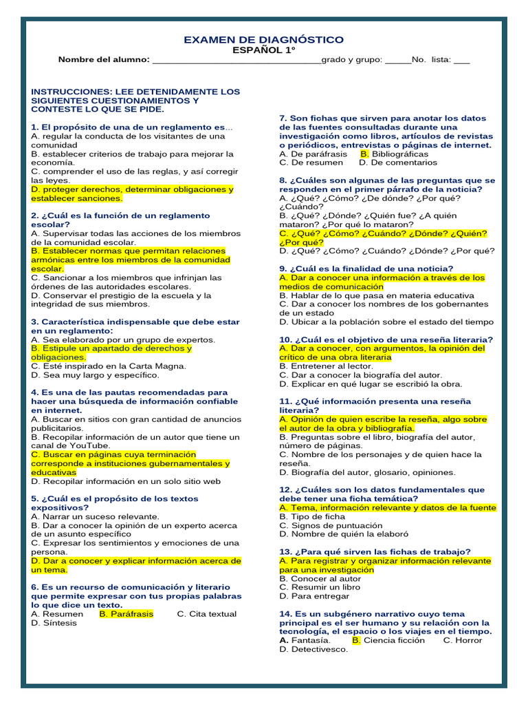 Examen Diagnóstico Español 1° Grado | PDF | Cuentos | Autor