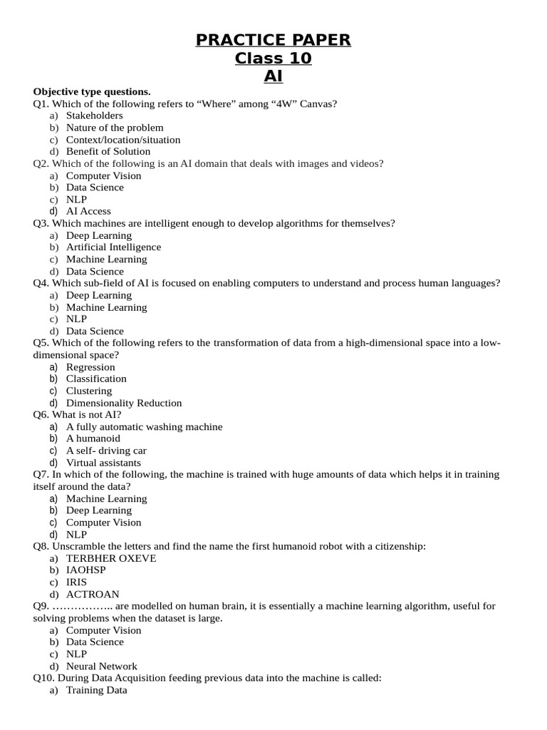 Class 10 PRACTICE PAPER AI | PDF | Artificial Intelligence ...