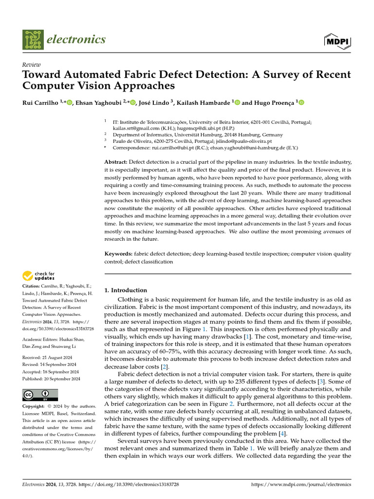 Toward Automated Fabric Defect Detection A Survey of Recent Computer Vision Approaches | PDF ...