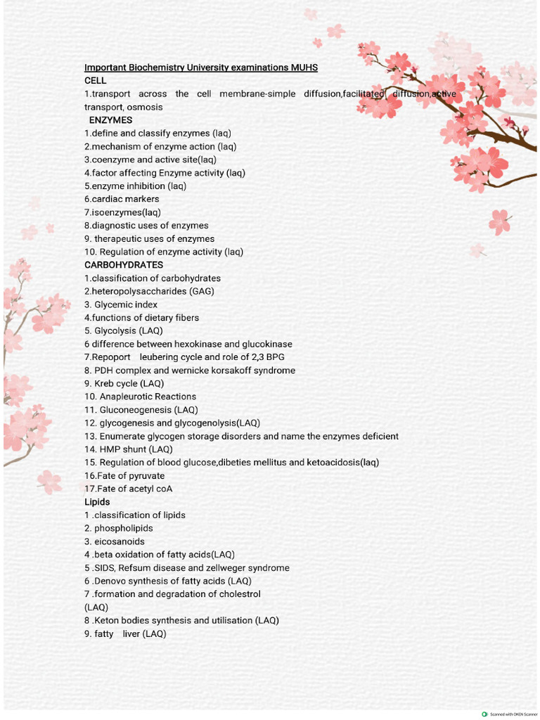 Biochemistry Checklist | PDF