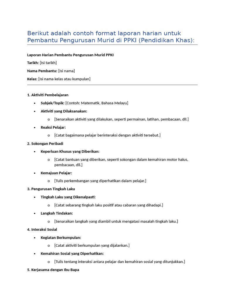 Contoh Format Laporan Harian Untuk Pembantu Pengurusan Murid Di PPKI | PDF