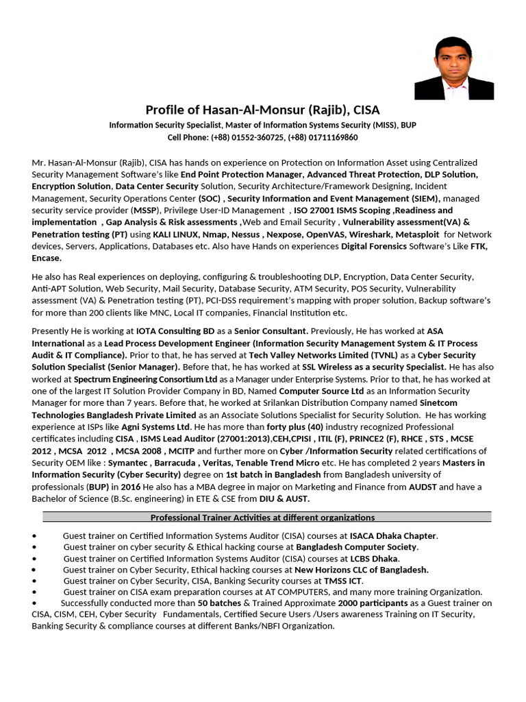 Profile of Hasn Al Monsur Rajib.,Cisa - 03.10.23 | PDF | Information Security | Security