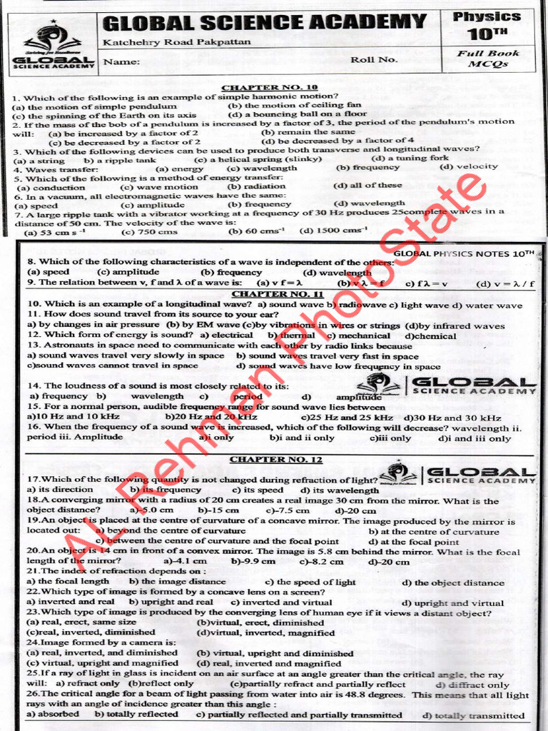 10th Phy Full Book MCQS English Medium (Shahid Sahab) | PDF