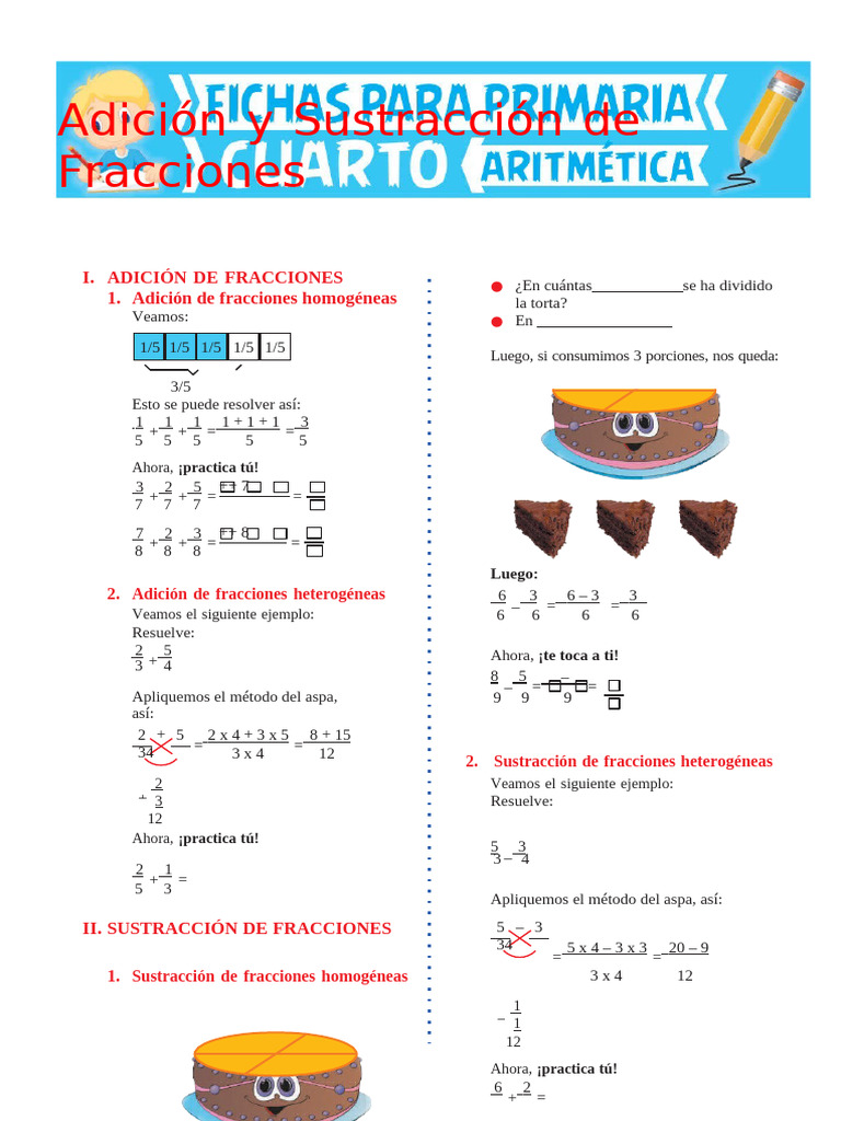 Adición y Sustracción de Fracciones para Cuarto de Primaria | PDF