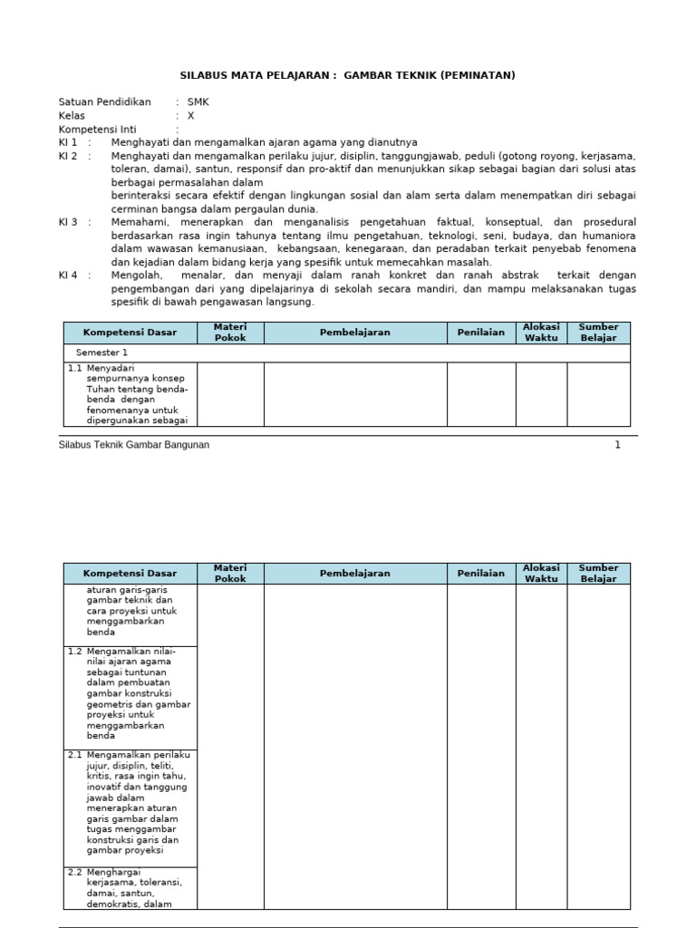 Silabus C1 Gambar Teknik Kelas X - Final 060713 | PDF
