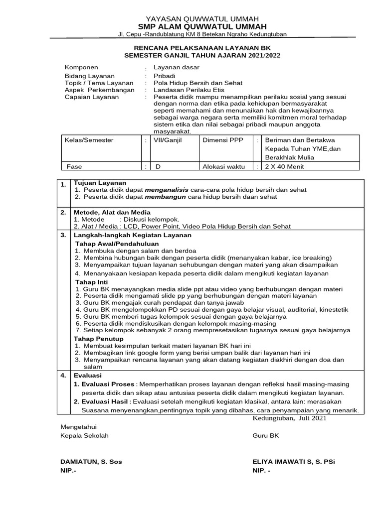 Rencana Layanan BK: Pola Hidup Sehat | PDF