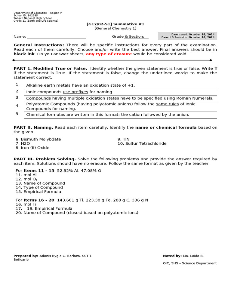 General Instructions: Black Ink: Any Type of Erasure | PDF