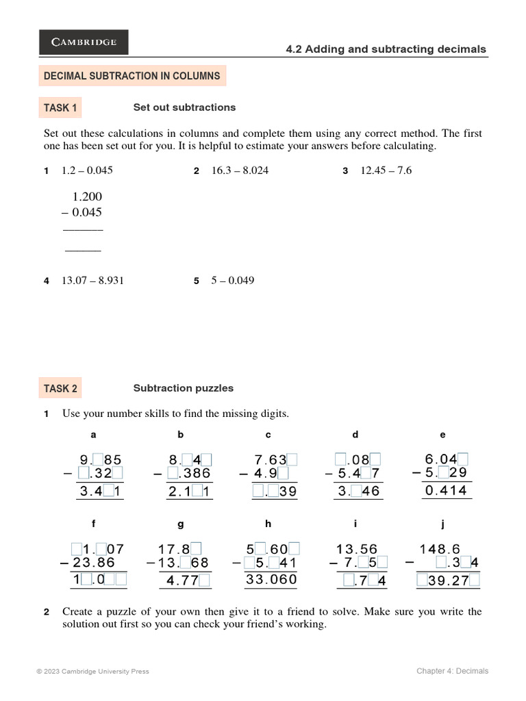 Decimal Subtraction in Columns | PDF
