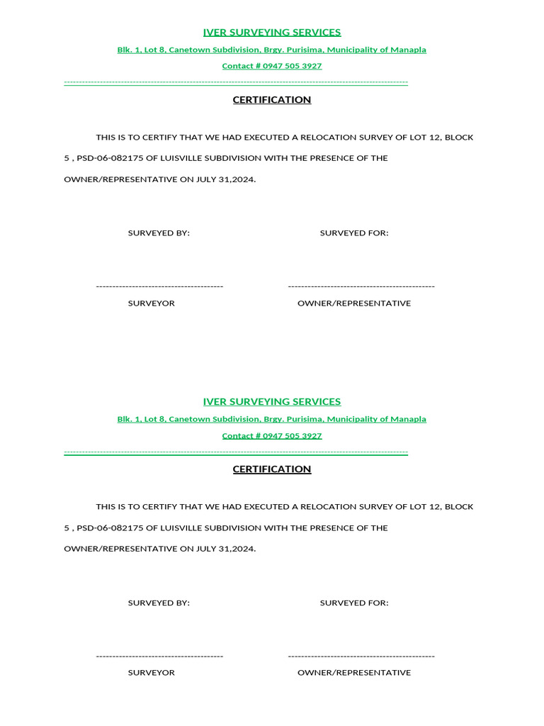Relocation Survey Certification 2024 | PDF | Law