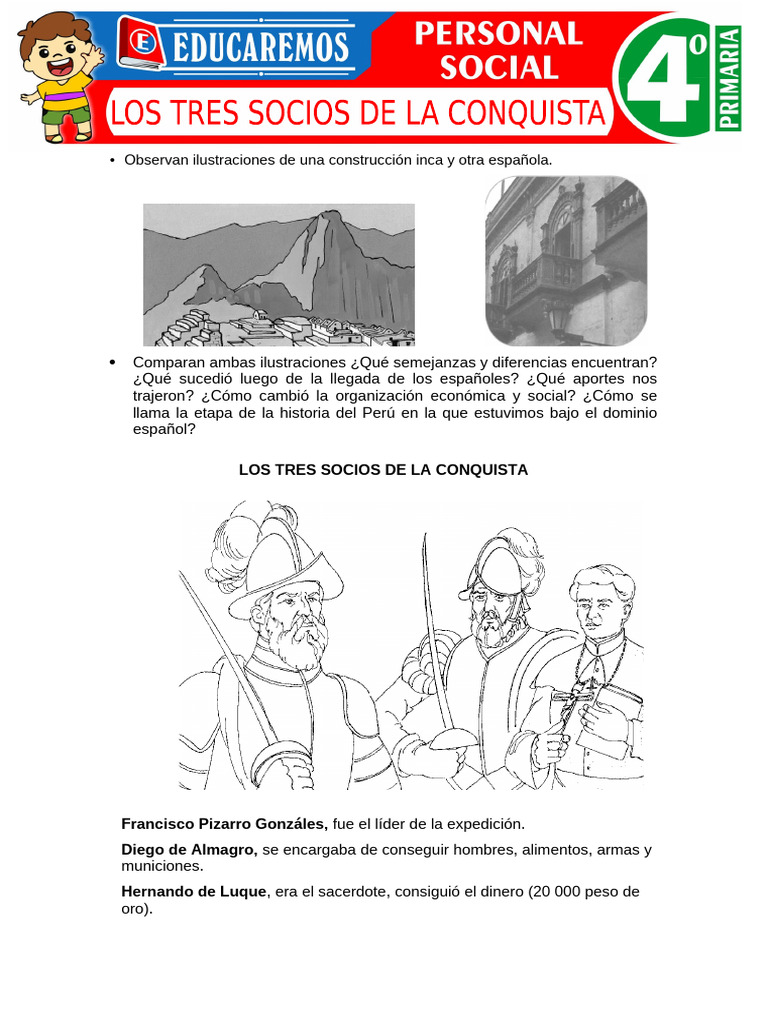 Los Tres Socios de La Conquista para Cuarto Grado de Primaria | PDF | Francisco Pizarro | Perú