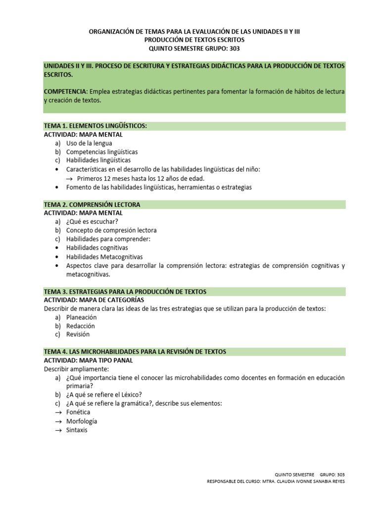 ORGANIZACIÓN DE TEMAS PARA LA EVALUACIÓN DE LA UNIDAD II | PDF ...