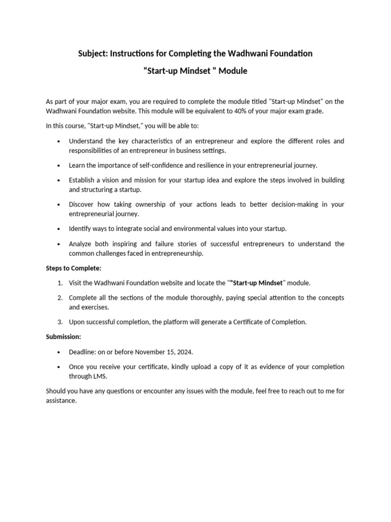 Complete Wadhwani Start-up Mindset Module | PDF