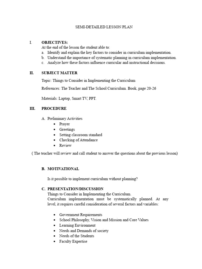 LESSON PLAN - Things To Consider in Implementing Curriculum | PDF