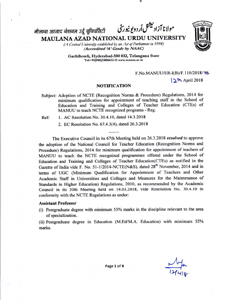 Adoption of NCTE Regulation - Education - 13apr18 | PDF