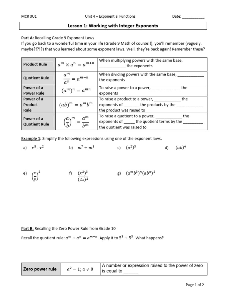 Lesson 1 Integer Exponents | PDF | Exponentiation | Mathematics