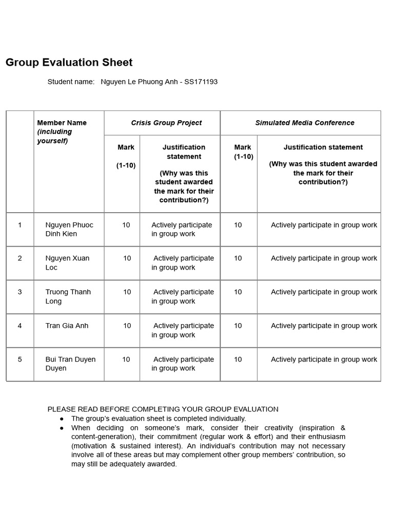 Group Evaluation Form | PDF | Career & Growth | Science & Mathematics