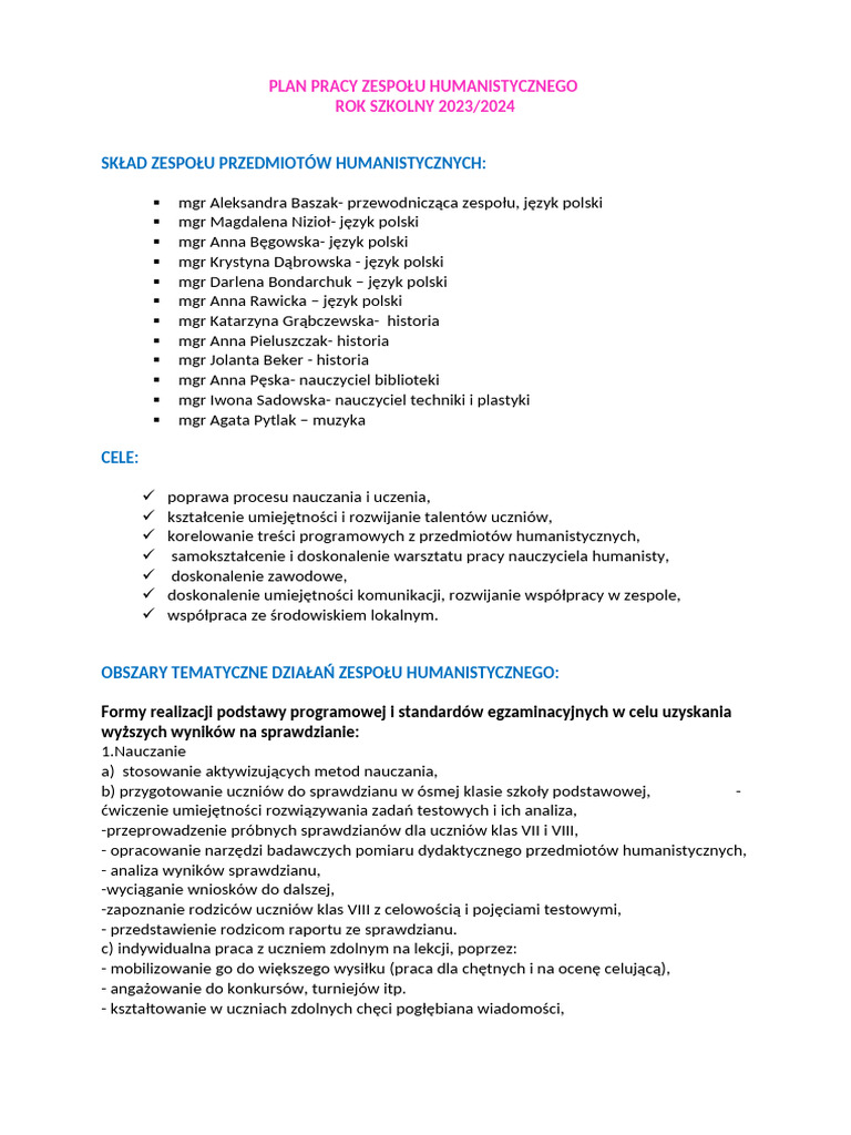Plan Zespołu HUMANIŚCI | PDF