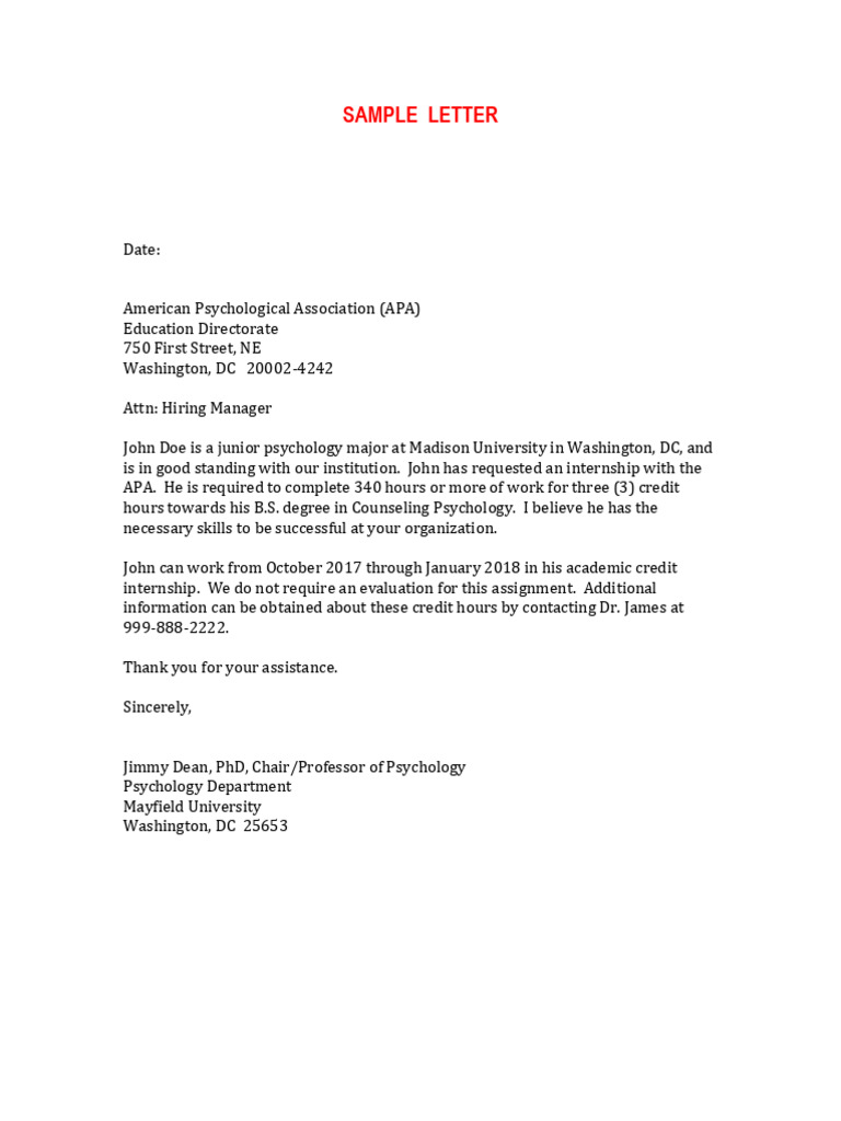 APA Academic-Credit-Letter Clinical Internship | PDF