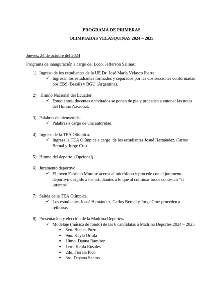 Programa_primeras Olimpiadas Velasquinas | PDF