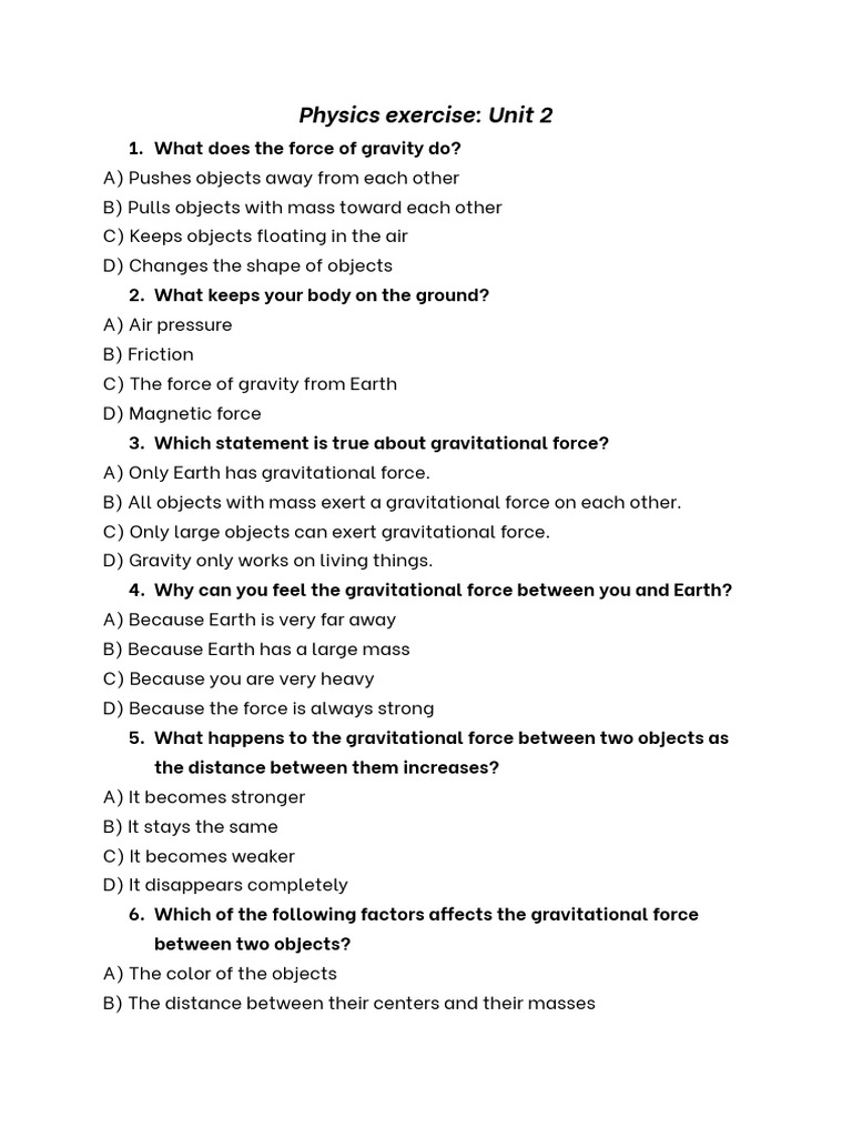 Physics Exercise - Unit 2 | PDF | Force | Gravity