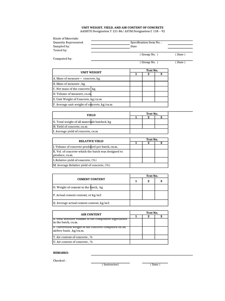 Unit Weight and Yield of Concrete | PDF