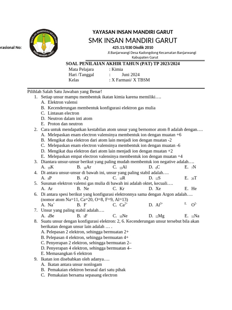 PAT Kimia 2024 | PDF