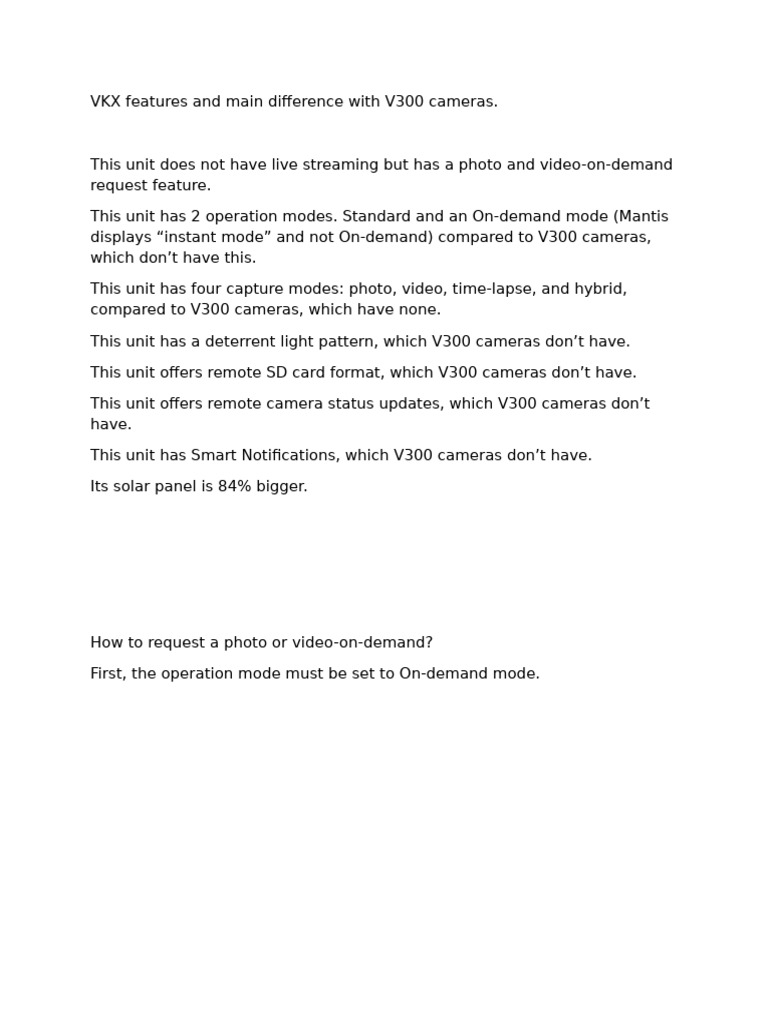 VKX Camera Features vs. V300 | PDF