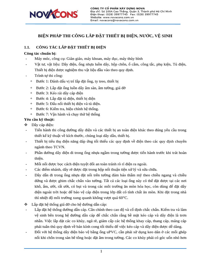 TM BPTC LẮP ĐẶT THIẾT BỊ ĐIỆN, NƯỚC, VỆ SINH | PDF