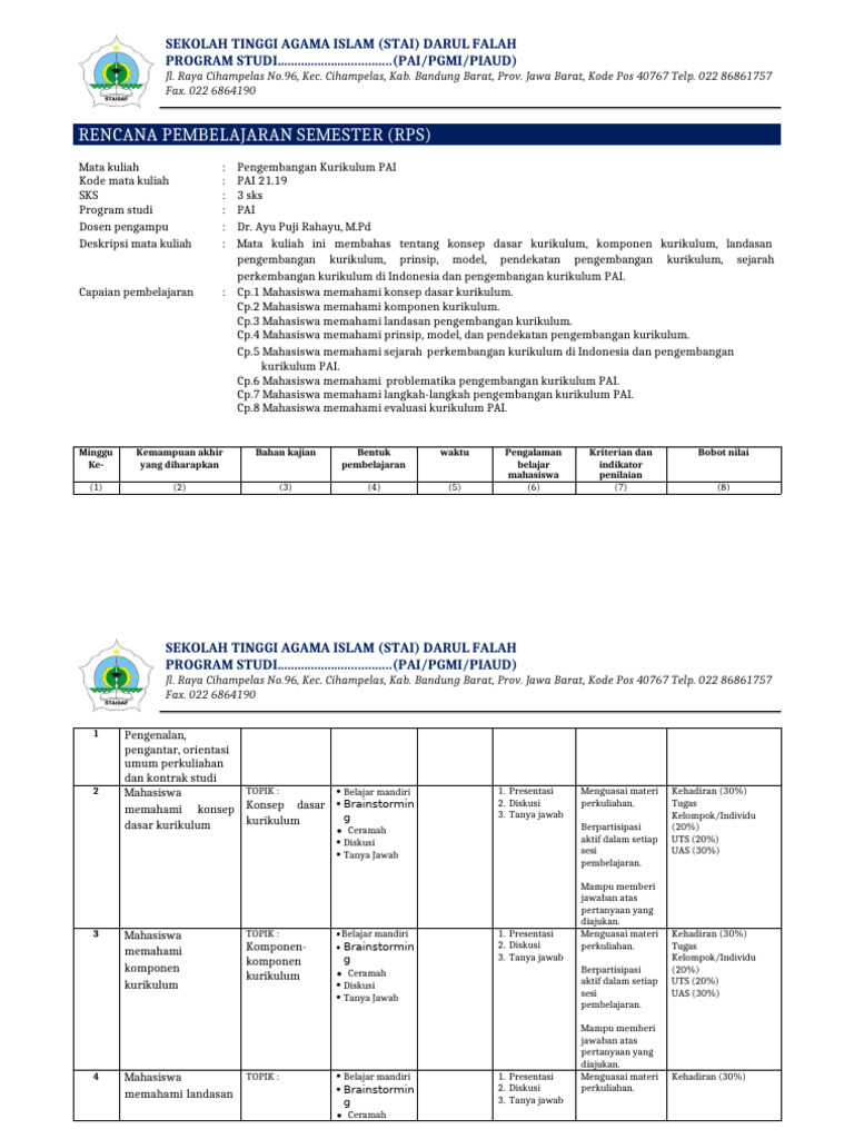 RPS Pengembangan Kurikulum PAI | PDF