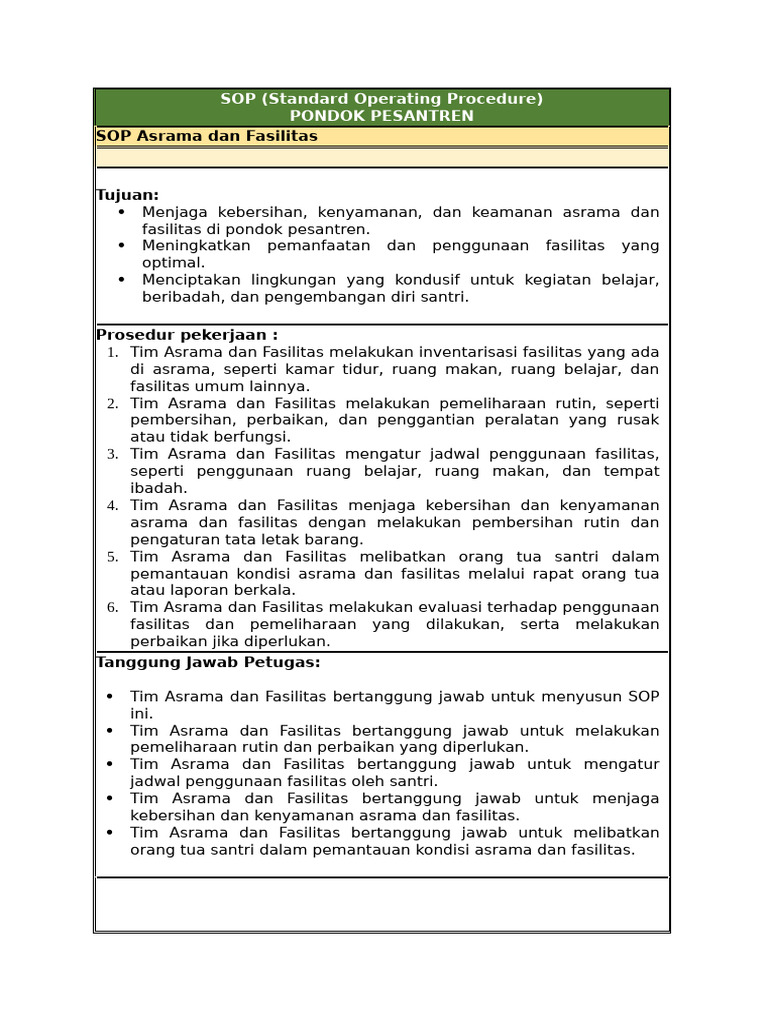 SOP Asrama dan Fasilitas | PDF