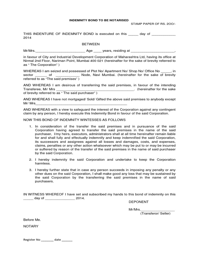 Indemnity Bond Format for Property Transfer | PDF | Indemnity | Consent