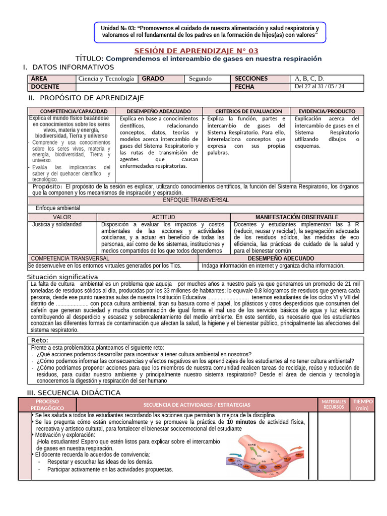 UNIDAD 3 - SESIÓN SEM 3 - CyT 2° | PDF | Pulmón | Respiración