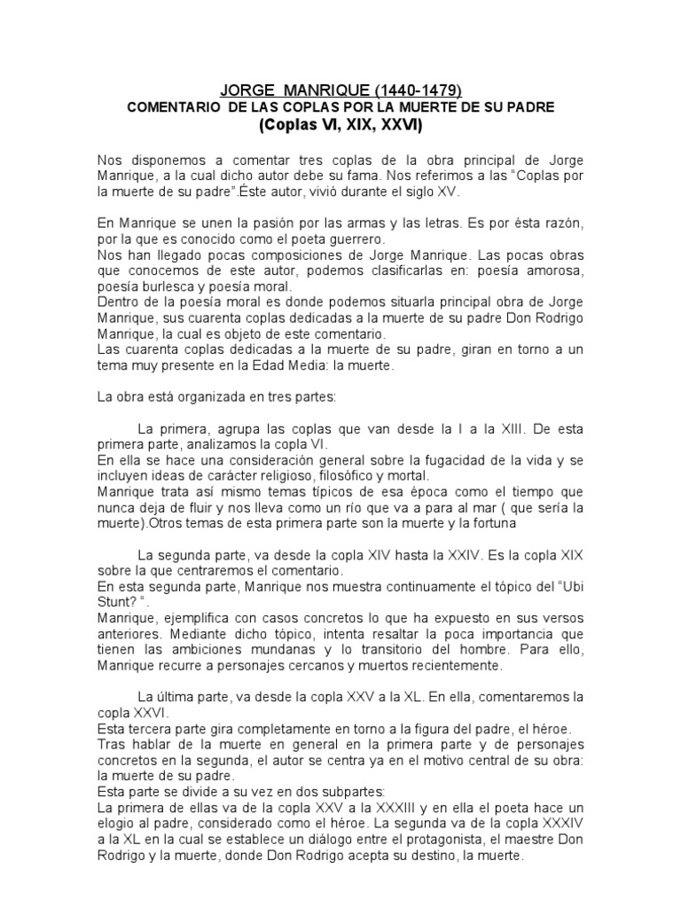 Análisis de Coplas de Manrique | PDF | Metro (poesía) | Poesía