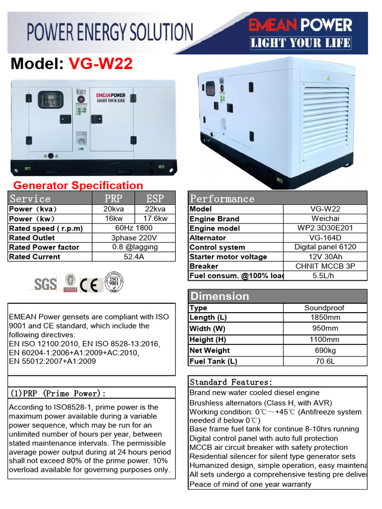 Emean 20kVA Generator Specifications | PDF | Mains Electricity ...