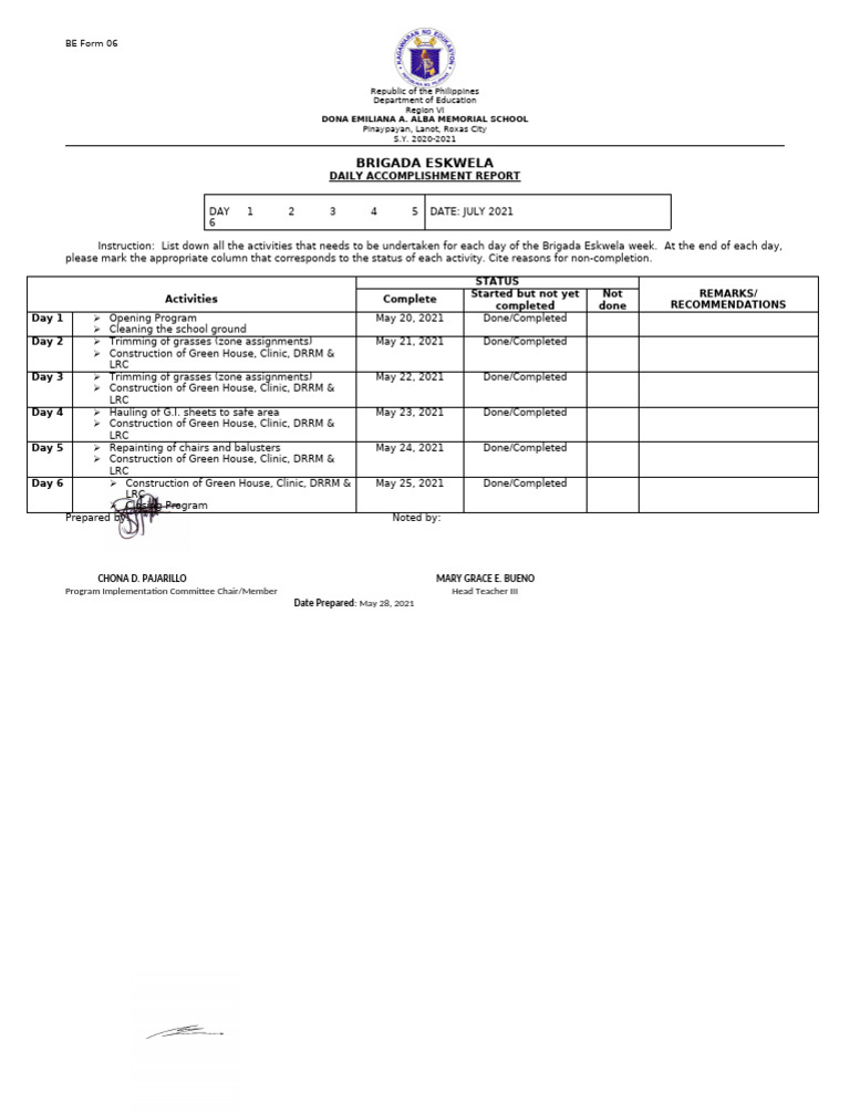 BE Form 6 - DAILY ACCOMPLISHMENT REPORT | PDF