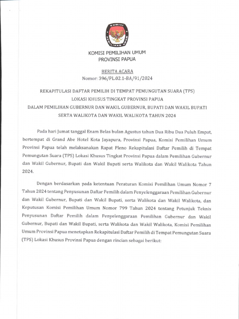 BERITA ACARA Rekapitulasi DPT TPS Lokasi Khusus Tingkat Prov | PDF