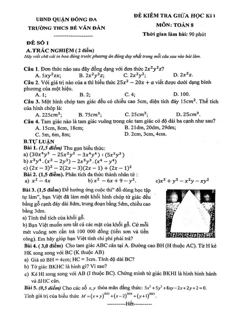 De Giua Hoc Ki 1 Toan 8 Nam 2024 2025 Truong Thcs Be Van Dan Ha Noi | PDF